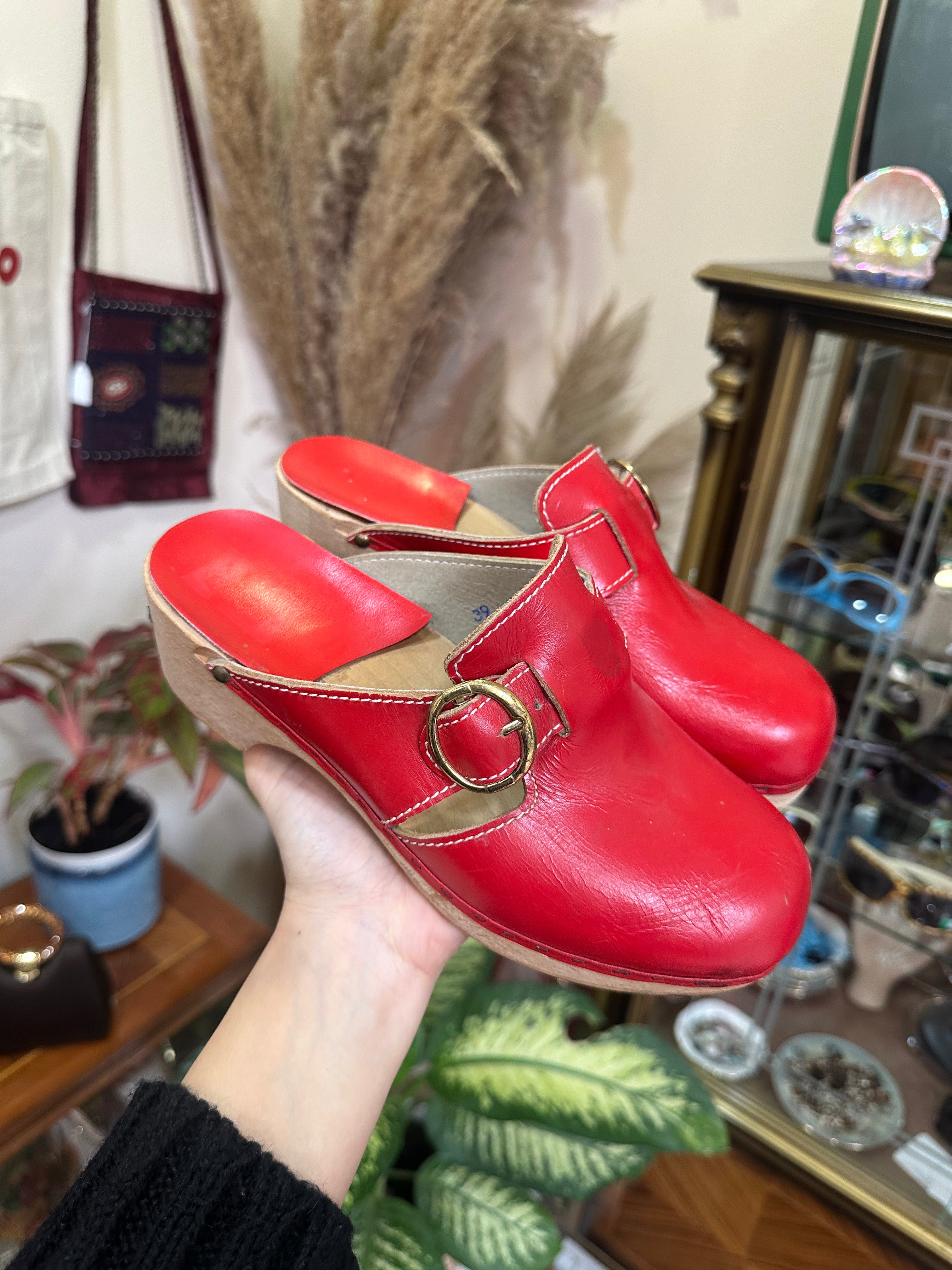 Red Leather Clog Sandals with Wooden Wedge Heel & Buckle Detail (39 ...